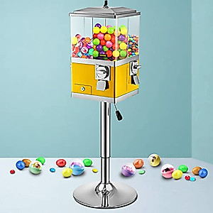 VEVOR Gumball Machine with Stand, Yellow Quarter Candy Dispenser, Rotatable Four Compartments Square Candy Vending Machine, PC & Iron Large Gumball Bank Adjustable Dispenser Wheels for 1" Gumballs