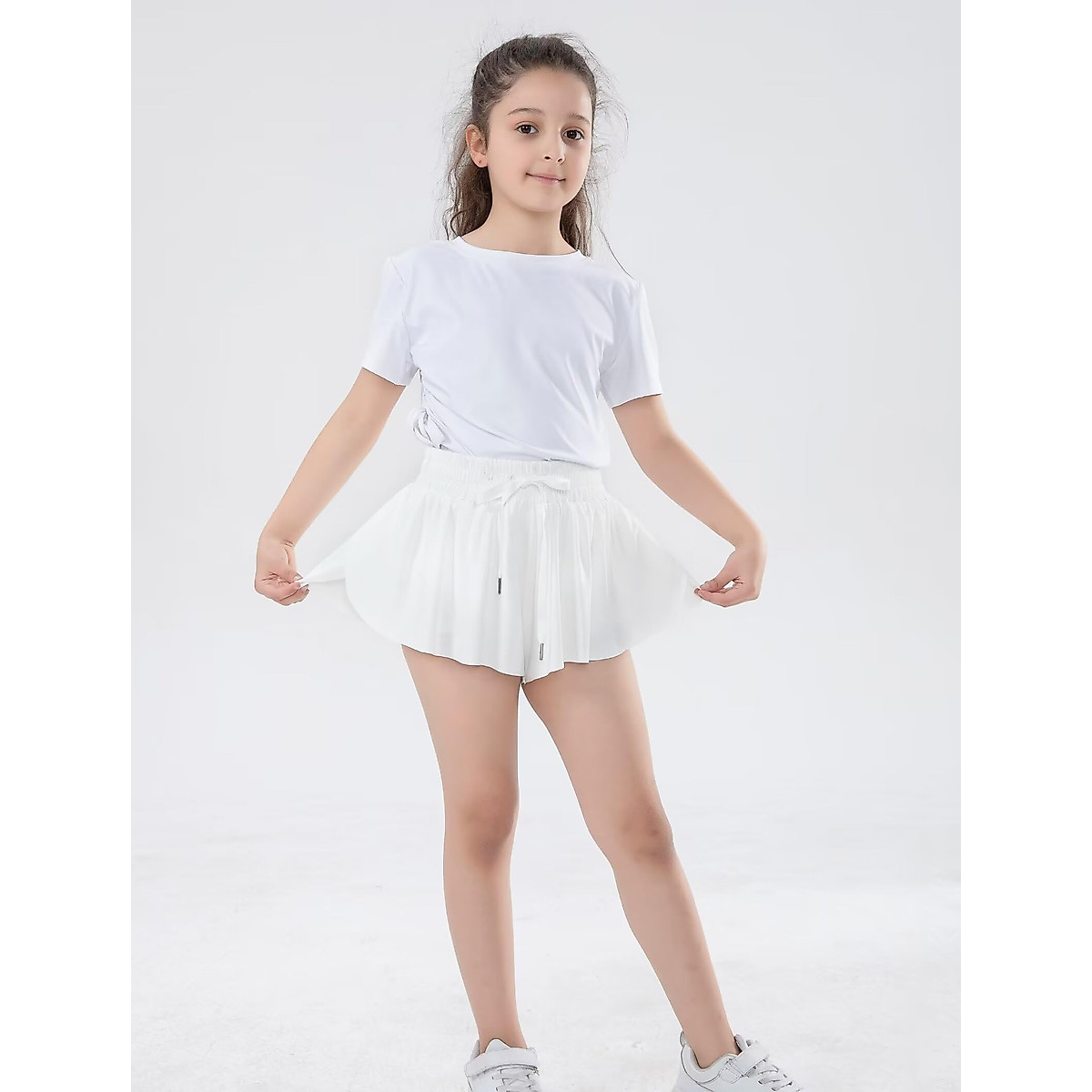 zqajuxg Girls Flowy Shorts with Spandex Liner,2 in 1 Butterfly Shorts Teen Girls with Pockets for Sports，Running，Athletic/White/8-10 Years