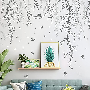 Hanging Willow Branch Wall Stickers DIY Grey Vine Leaf Plant Wall Decals Peel and Stick Grass Birds Butterfly Art Mural Decortions for Kids Baby Girls Nursery Bedroom Living Room Offices Classroom