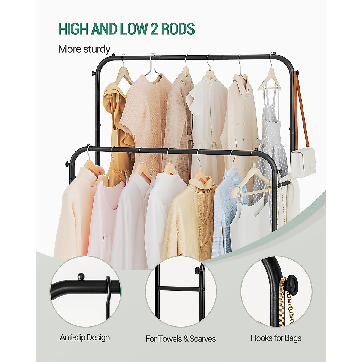 Hzuaneri Clothes Rack, Double Rods Garment Rack with Storage Shelf, Clothing Rack for Hanging Clothes, Metal Frame Clothes Organizer for Bedroom, Living Room, Black GR34099B