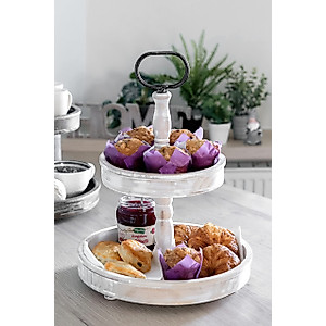 BonzaiKit Two Tier Wood Tray with Wooden Beads - Farmhouse Rustic 2 Tiered Serving Stand for Kitchen & Home Decor - Cupcake Stand with Metal Holder