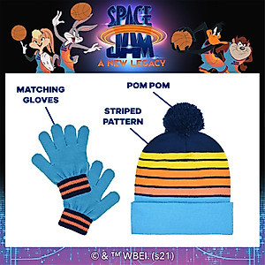 Concept One Space Jam A New Legacy Tune Squad Kids Pom Cuffed Beanie Hat and Gloves Set, Blue, One Size
