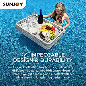 Sunjoy Wicker Floating Tray 36x24 in. Aluminum Frame Pool Tray - Swimming Floating Serving Tray for Drinks, Snacks, and Essentials - Fits Most Pool Sizes - Perfect for Pool Parties and Relaxing, Grey