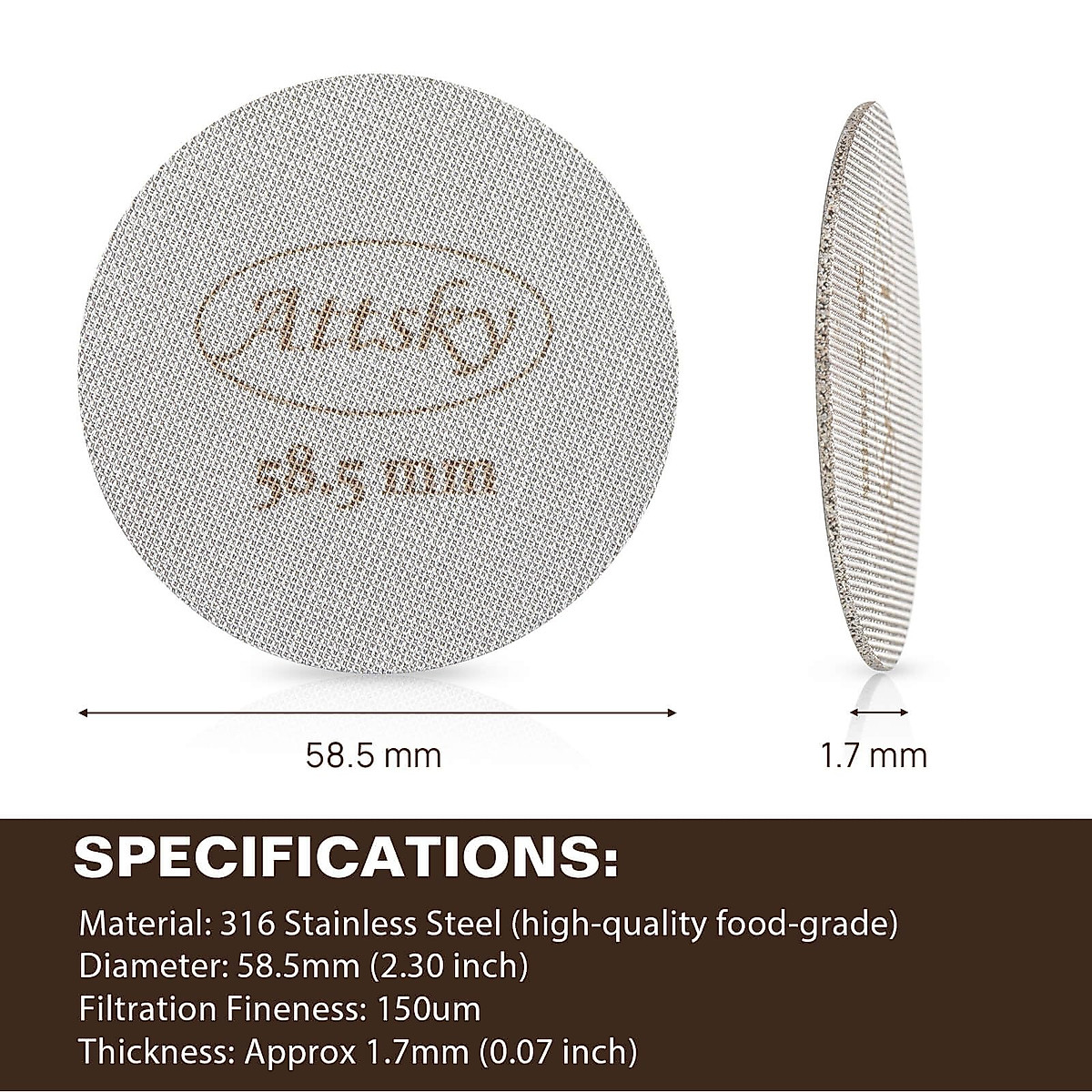 Attsky 58.5mm Espresso Puck Screen, Espresso Filter for 58mm Portafilter Filter Basket, Reusable Espresso Screen with 1.7mm Thickness 150μm 316 Stainless Steel