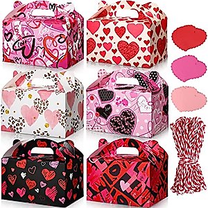 Dianelhall 24 Pack Valentine's Day Treat Boxes Heart Prints Cardboard Box for Goody Cookie Holder Tags and Twine, 6 x 3.5 x Inches Sweet Party Favor Mother's Girl Classroom Supplies