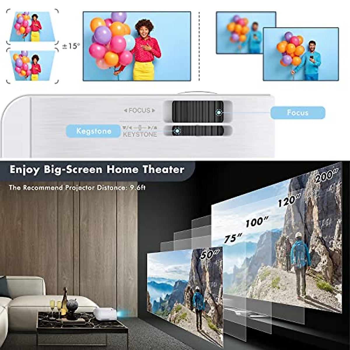 Mini Projector, CINOP Video Projector Native 1080P Projector 4K HD Movie Portable Projector 9500L Home TV Projector LED Outdoor Projector Compatible with iPhone TV Stick Laptop HDMI USB VGA AV