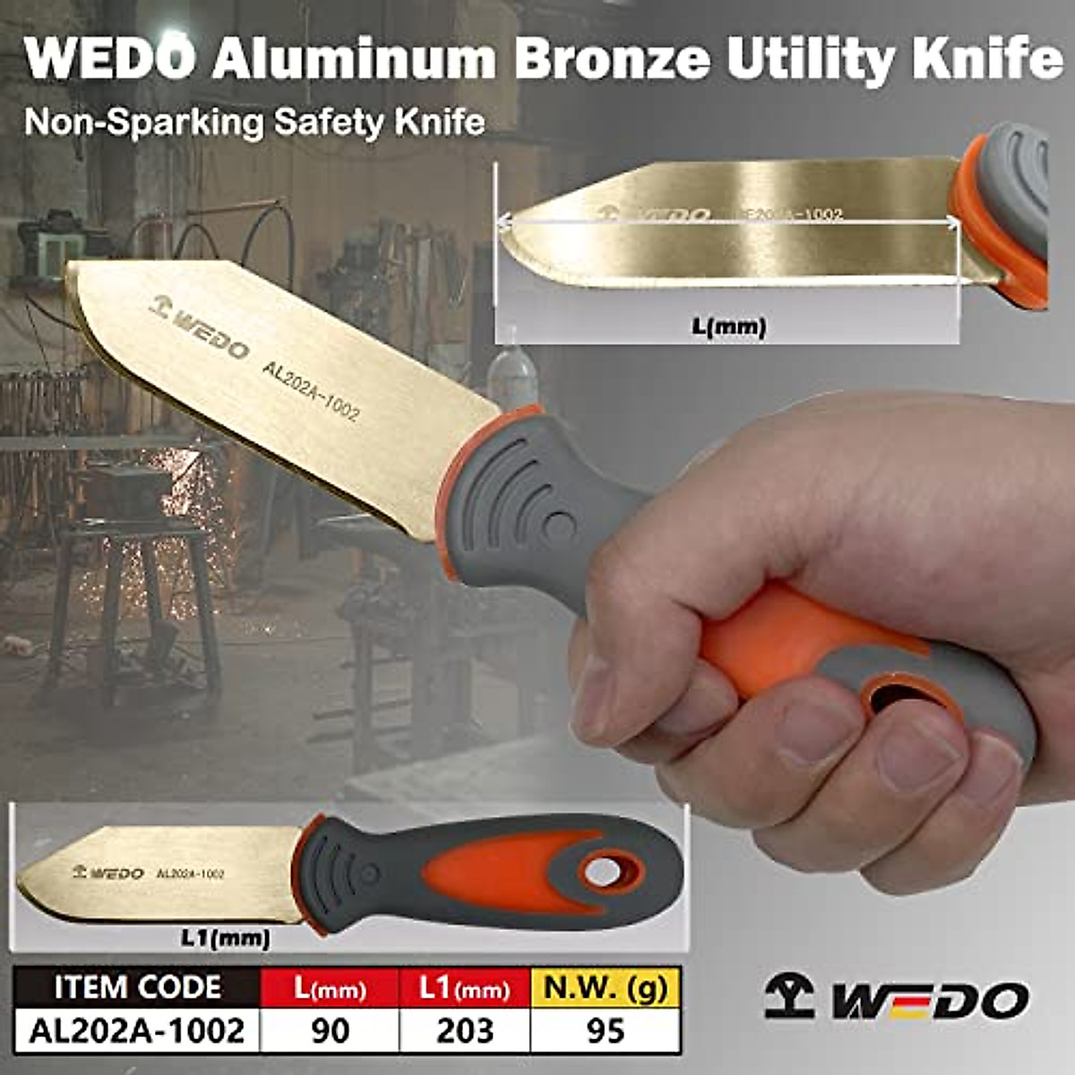 WEDO Non-Sparking Common Knife 8”, Spark-free Safety Knife, DIN Standard, BAM & FM Certificate, Aluminum Bronze