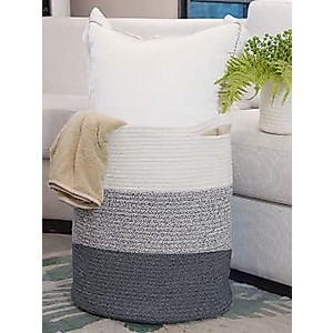 COMFY-HOMI XXL Large Laundry Basket with Handles Blanket Baskets Living Room|Woven Cotton Rope Decorative Basket Laundry Hamper Baby Gift Nursery Dog Toy Storage Organizer Bin-16”x18”-3Tone Grey