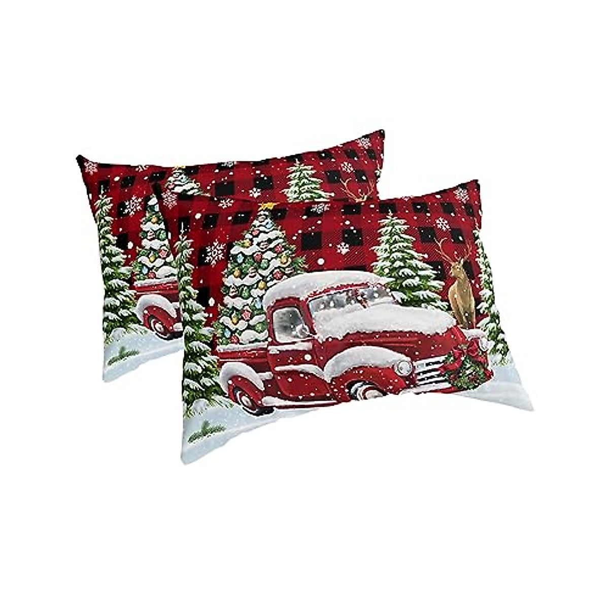Edwiinsa Snowy Red Truck Pillow Covers Standard Size Set of 2 Bed Pillow, Plush Soft Comfort for Hair/Skin Cooling Pillowcases with Envelop Closure 20x26 Inches Christmas Tree Deer Buffalo Plaid