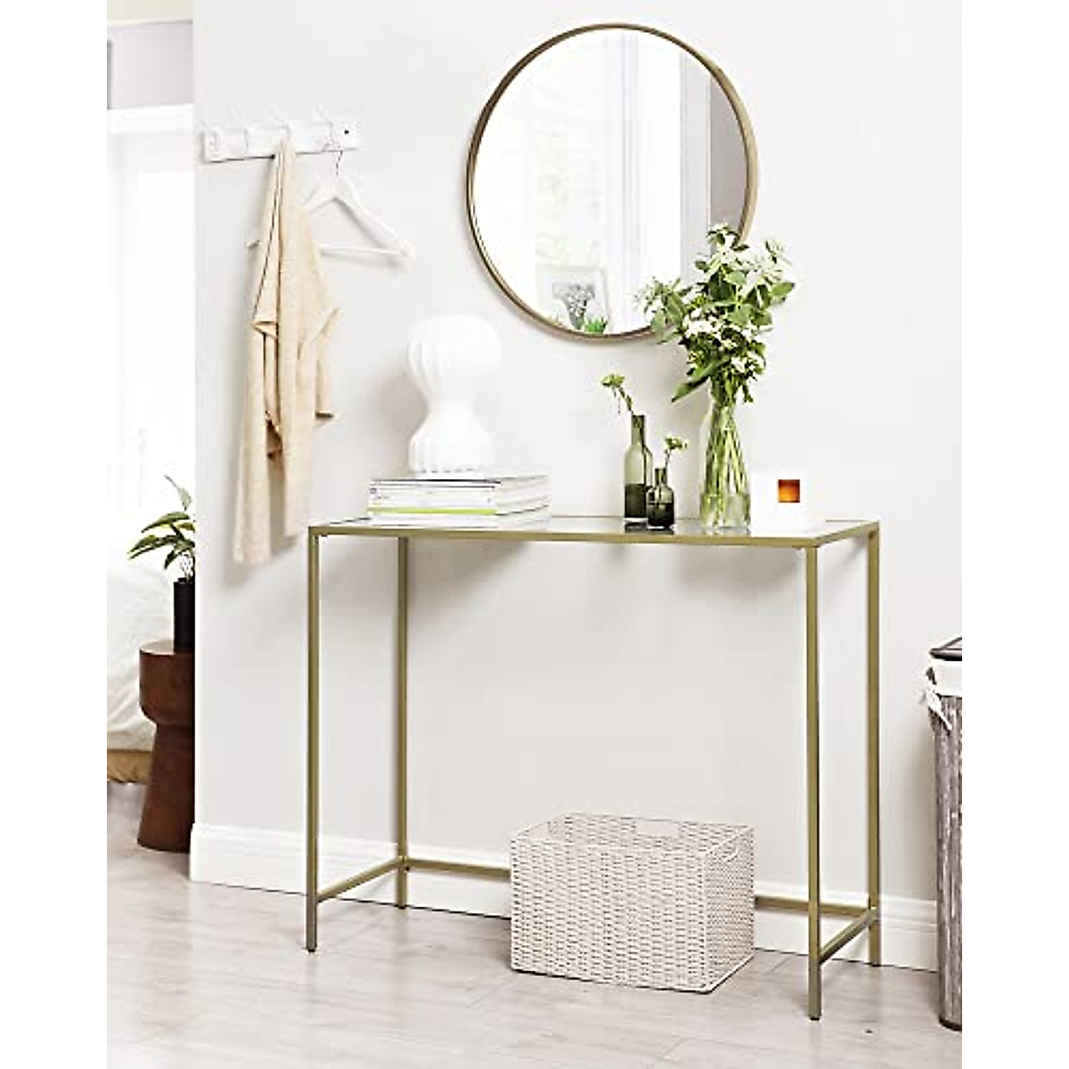VASAGLE 39.4” Console Table, Tempered Glass Sofa Table, Modern Entryway Table, Metal Frame, Easy to Assemble, Adjustable Feet, for Living Room, Hallway, Gold Color ULGT26G