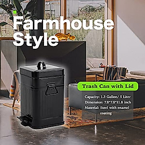 Bathroom Trash Can, Vintage Metal Garbage Bin for Kitchen, Bedroom, Living Room with Soft Close Lid, Small Farmhouse Retro Indoor Waste Basket with Foot Pedal, 1.3 Gallon/ 5 Liter, Glossy Black