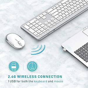 Rechargeable Wireless Keyboard Mouse Combo - Seenda Full Size Cordless Keyboard & Mouse Sets with Build-in Lithium Battery Ultra Thin Quiet Keyboard Mice - Silver and White