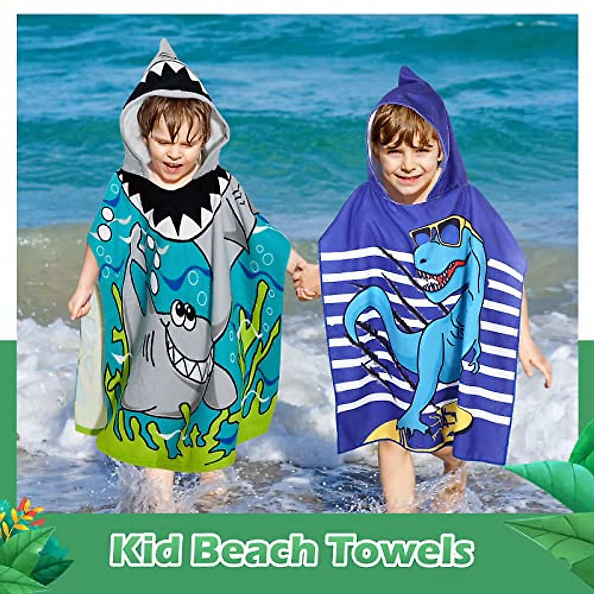 3 Pack Kids Hooded Towel 47 x 24 Inch Baby Beach Bath Towel for Girls Boys Thicker Toddler Swim Towels Ponchos with Hood Cotton Pool Bath Towels Poncho for 1-7 Years (Shark, Dinosaur)