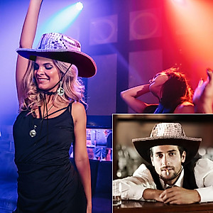 Alabelleza 5pcs Disco Ball Cowboy Hat Mirror Ball Cowboy Hat Sparkling Silver Cowgirl Hat for Women with Necklace, Earrings, Bracelet, Sunglasses