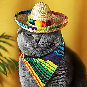 Whaline Mexican Dog Costume Accessories Cinco De Mayo Fiesta Dog Bandana Dog Straw Hat Mexican Colorful Stripe Pet Scarf Dog Bib Pet Neckerchief for Small Medium Cat Dog Carnival Party Supplies