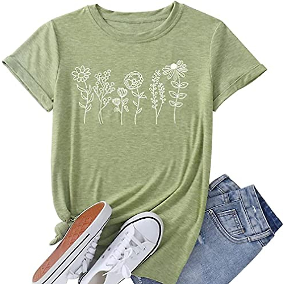 Floral Graphic T Shirt Women Wildflower Print Vintage Tees Top Funny Summer Short Sleeve Crew Neck Casual Shirts (X-Large, Light Green)