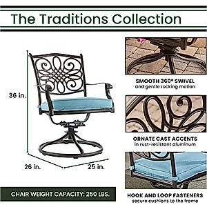 Hanover 7-Piece Traditions 60" Round Cast-Top Table and 6 Swivel Rockers with Blue Cushions, Patio Dining Set for 6, Premium Weather Resistant Outdoor Furniture