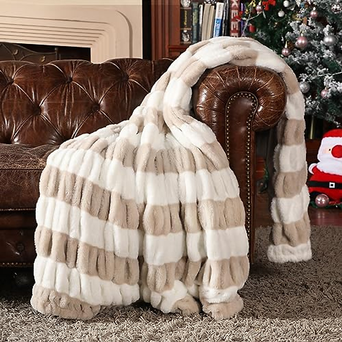 Cozy Bliss Luxury Soft Fuzzy Faux Fur Throw Blanket for Couch, Warm Milky Plush Striped Blanket for Sofa, Furry Thick Fluffy Cozy Shaggy Blanket for Women Living Room Bedroom, 50 * 70 Inches Beige