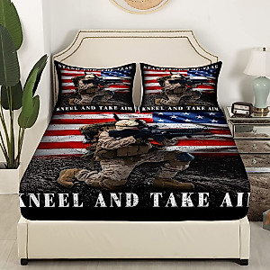 American Flag Bedding Sets Twin for Adult Teens Boys Camo Soldier Fitted Sheet Kids Men Vintage USA National Flag Fitted Bed Sheets Military Camouflage Grunge Stripes Beddings,No Flat/Top Sheet