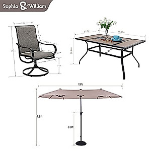 Sophia & William Patio Dining Set 8 Pieces Outdoor Metal Furniture Set with 13ft Double-Sided Patio Umbrella Beige, 6 x Swivel Patio Dining Chairs, 1 Wood Like Umbrella Table for Patio Lawn Garden