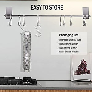 Pellet Smoker Tube, Aliyoham 12'' Stainless Steel BBQ Smoke Tube, Hot/Cold Smoking for All Charcoal, Electric, Gas Grills(with 3 S Shape Hooks,1 Cleaning Brush, 1 Silicone Brush)