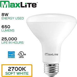 MaxLite LED BR Reflector LAMP 8W BR30 DIM 5000K 4PK, White (8BR30D50/4P/WS)
