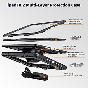 Stweap Case for iPad 9th/8th/7th Generation-Built-in Screen Protector,with Pencil Holder&360°Rotating Hand Strap,Shoulder Strap,Case for iPad 10.2 inch 2021-2019(Black)