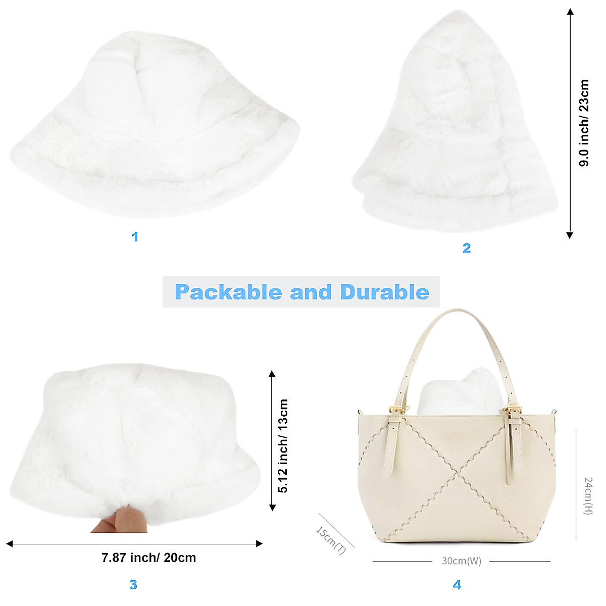 Sydbecs Winter Bucket Hat Fluffy Faux Fur Fisherman Cap for Women Men Solid Color Style(White)