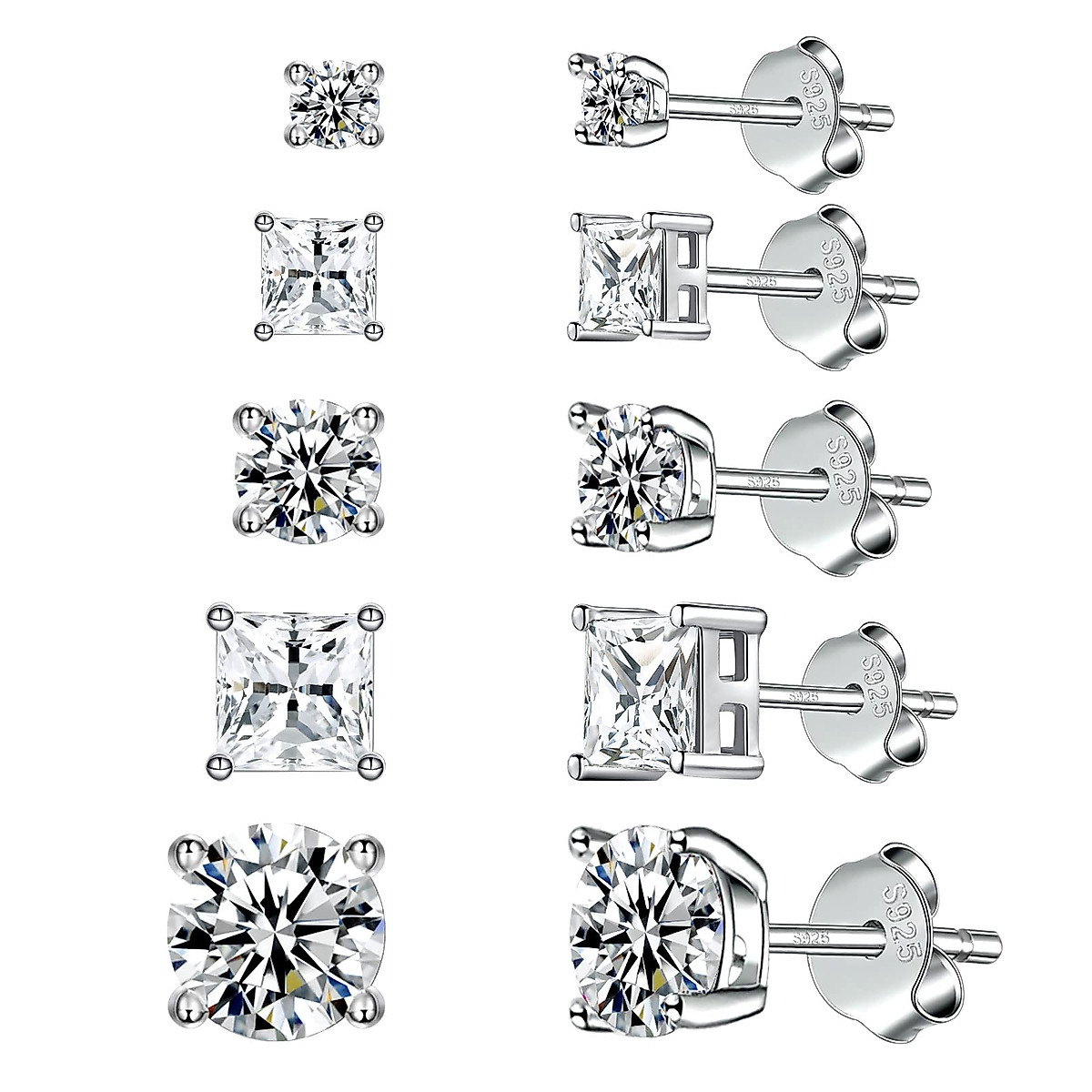 925 Sterling Silver Stud Earrings Set Hypoallergenic Princess Cut Cubic Zirconia Stud Earrings for Women Men (Round/Square 3/4/5/6/8 MM)