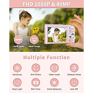 Digital Camera, Zostuic Autofocus 48MP Kids Camera with 32 GB Card Vlogging Camera with 16X Zoom, 1080P Compact Portable Mini Cameras for 4-15 Year Old Kid Children Teen Student Girls Boys(Pink)