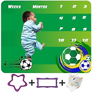 KIKIDOR Soccer Theme Baby Monthly Milestone Blanket Football Field Sports Newborn Boy Baby Shower Photo Background Props Nursery Decor Personalized Growth Chart Flag Blanket 48x40inch BTYYKI010