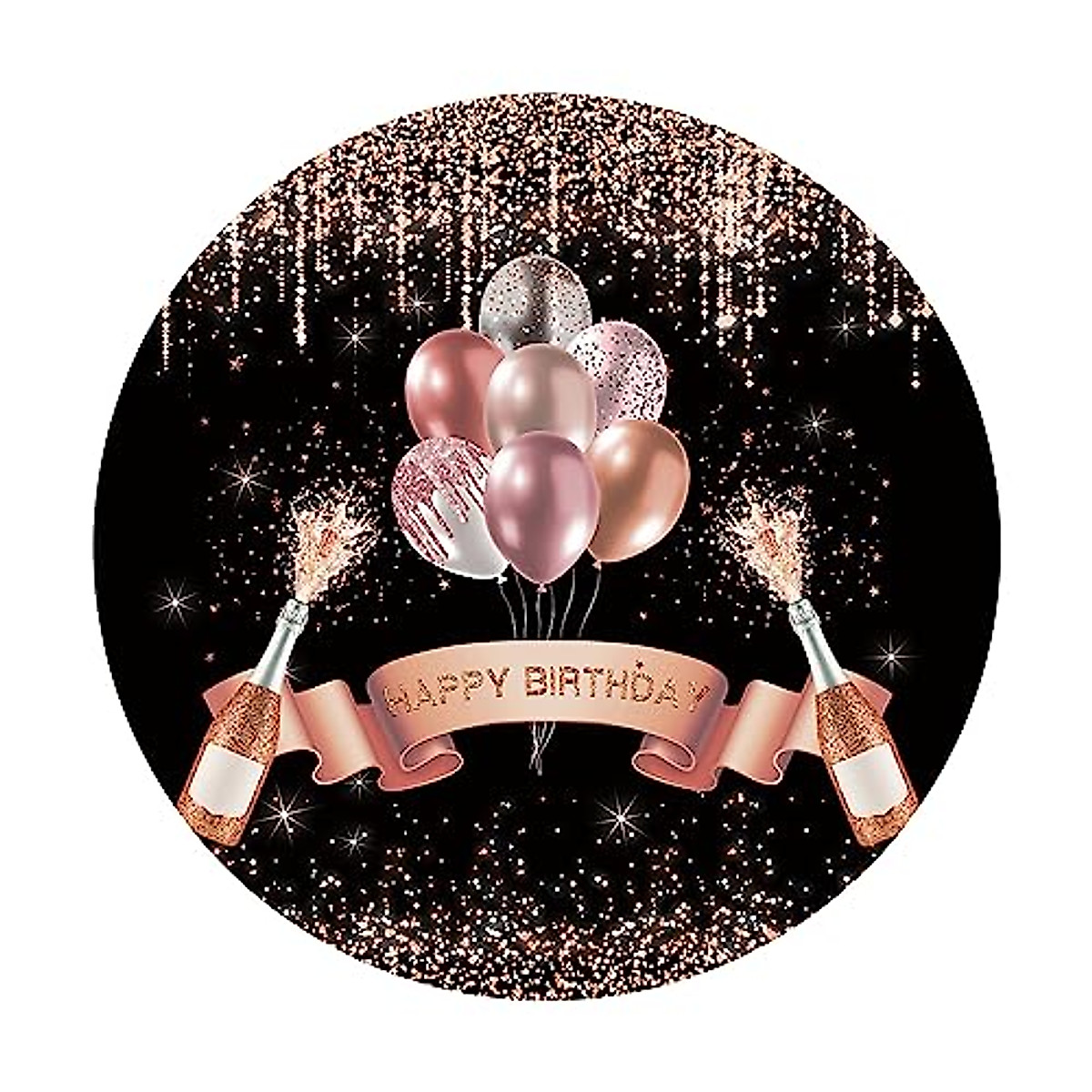 AWERT Polyester Diameter 7ft Round Happy Birthday Photos Backdrop Rose Gold Balloons Champagne Glitter Sequins Black Photography Background Girls Princess Birthday Party Studio Photo Props
