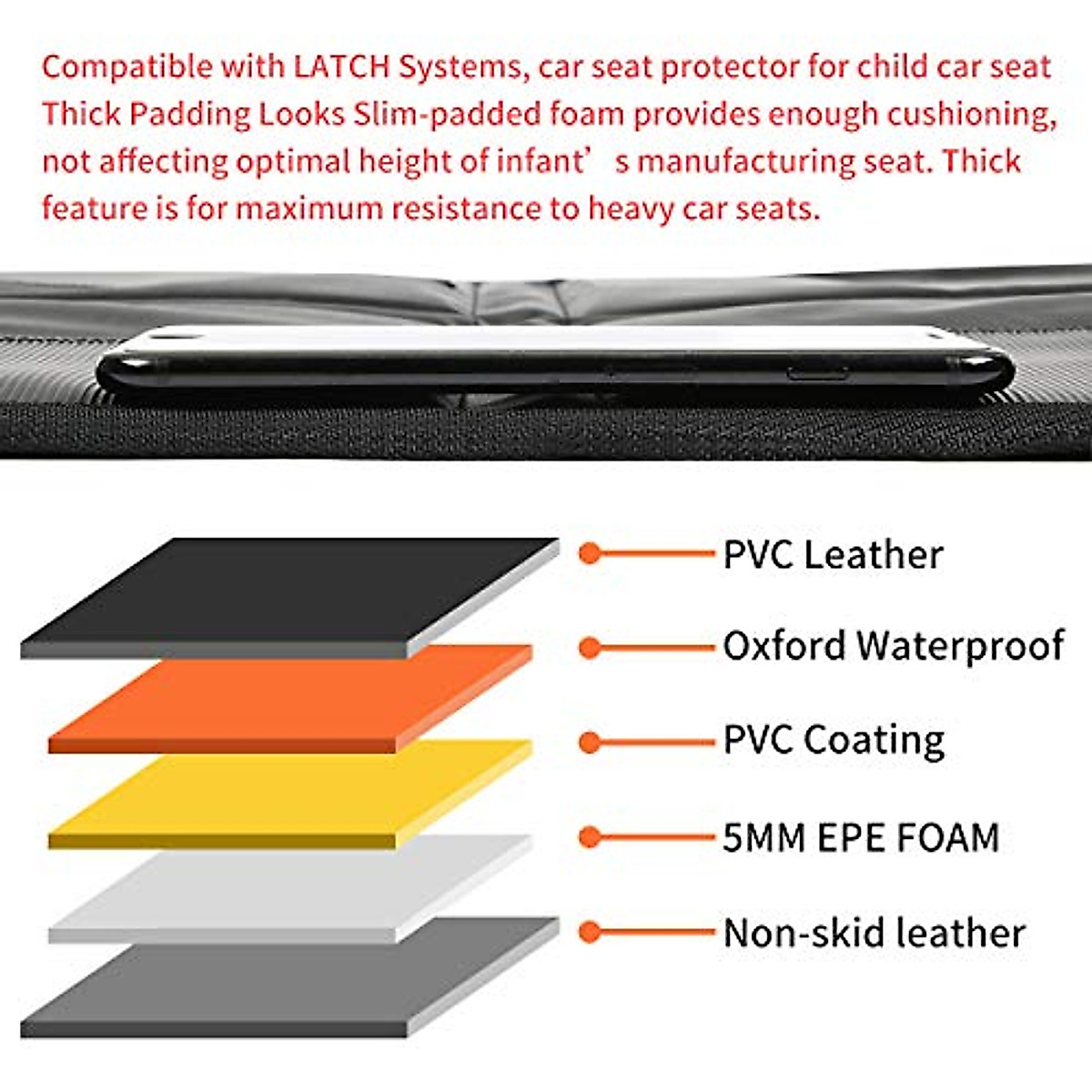 Kaiphy Car Seat Protector - Seat Protection Mat - Thick Padding - Durable, Waterproof Fabric, Leather Reinforced Corners & 3 Pockets for Handy Storage Black
