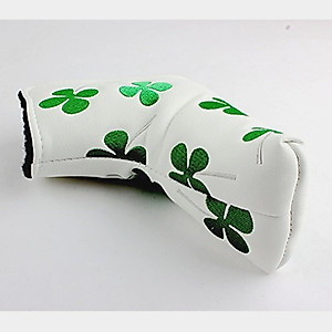 Ronsit Green Four-Leaf Clover Golf Putter Head Cover Headcover Shamrock Embroidered Blade Fit All Brands (White)
