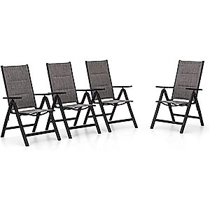 PHI VILLA Outdoor Folding Patio Dining Chairs Set of 4, Adjustable Padded Portable Reclining Patio Chairs Aluminum for Garden,Yard and Deck, Dark Grey