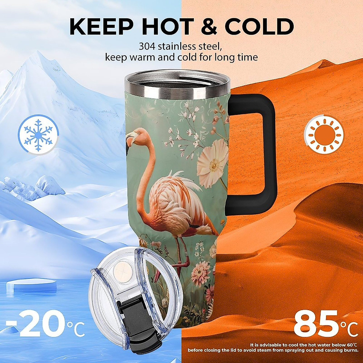 40 Oz Oil Painting Flamingos Insulated Stainless Steel Tumbler with Handle & Straw Lid, Reusable Travel Cupholder Friendly Mug for Coffee, Water, Tea