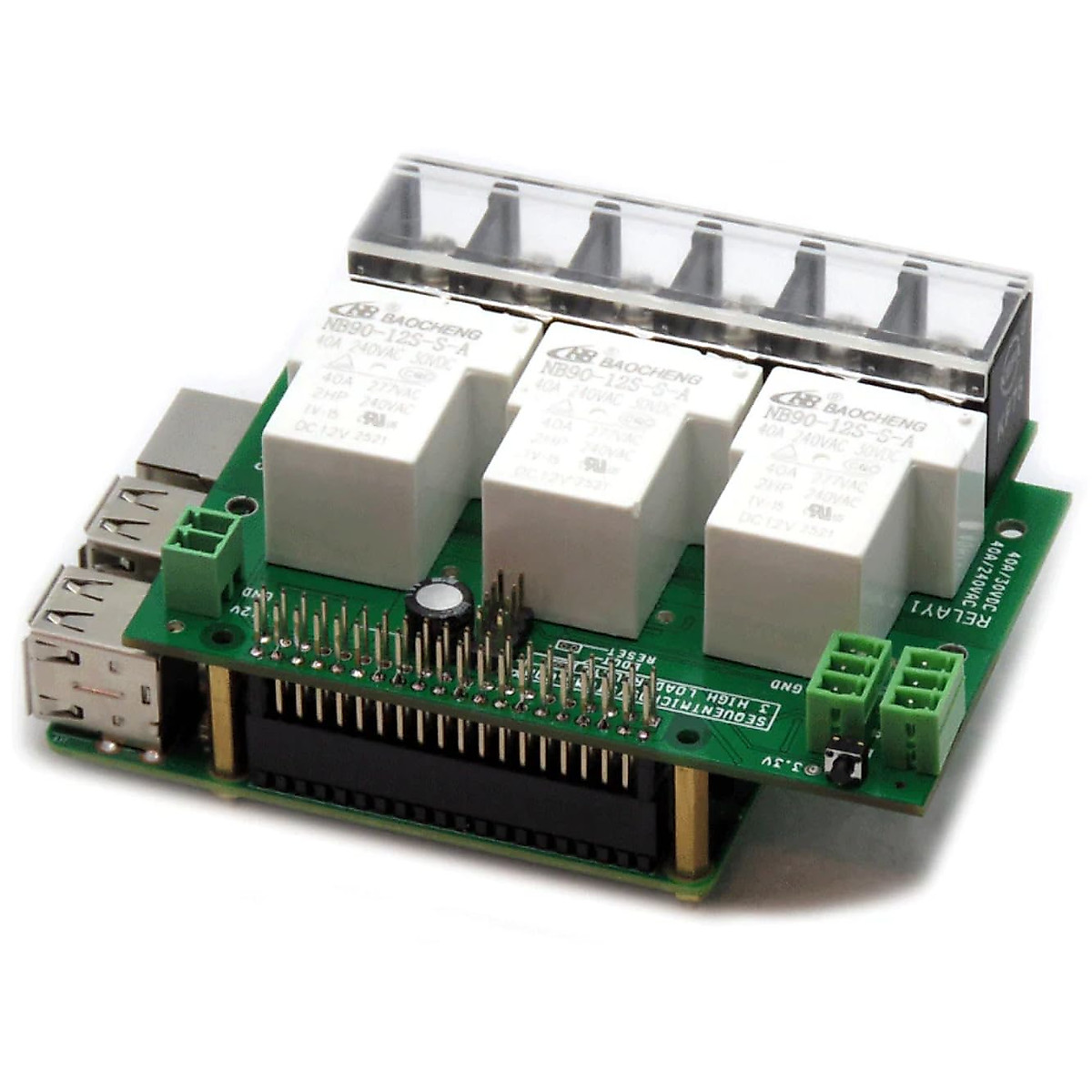 Three 40A/240V Relays RS485 Daisy-channable HAT for Raspberry Pi