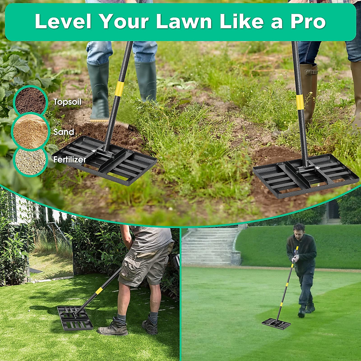 Lawn Leveling Rake with Smooth Edge,Heavy Duty 17"x10" Lawn Leveling Rake with 5FT Adjustable Handle for Yard Garden Lawn Leveling, Soil Sand Spreading Dirt Top Dressing, Small Lawn Level Tool
