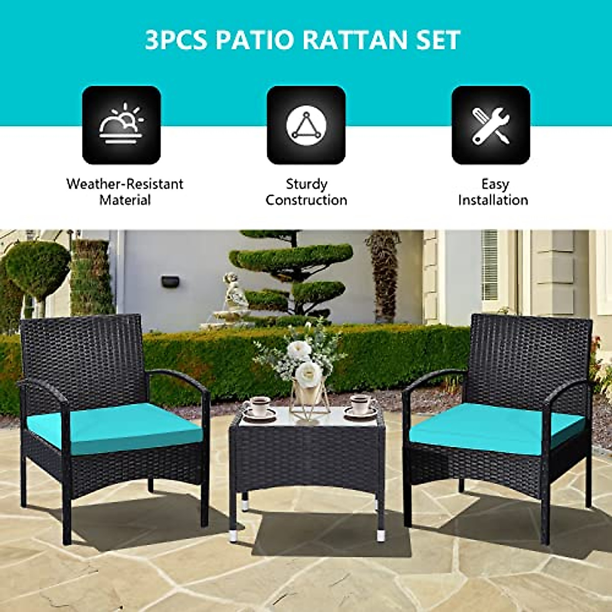 RELAX4LIFE 3-Piece Patio Furniture Set - Rattan Conversation Set, Wicker Bistro Set W/ 2 Chairs, Glass Table, Steel Frame, Outdoor Chairs Set for Yard, Balcony, Front Porch Furniture(Turquoise)