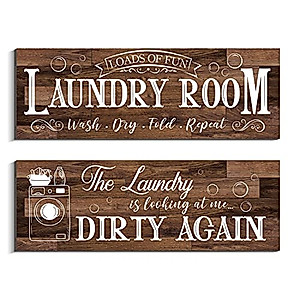 Creoate Laundry Room Decor, 2 Pieces Laundry Sign Wall Decor Funny Laundry Room Rules Decor Rustic Family White Wood Sign Hanging Plaque for Laundry Bathroom Wall Decor (Brown)