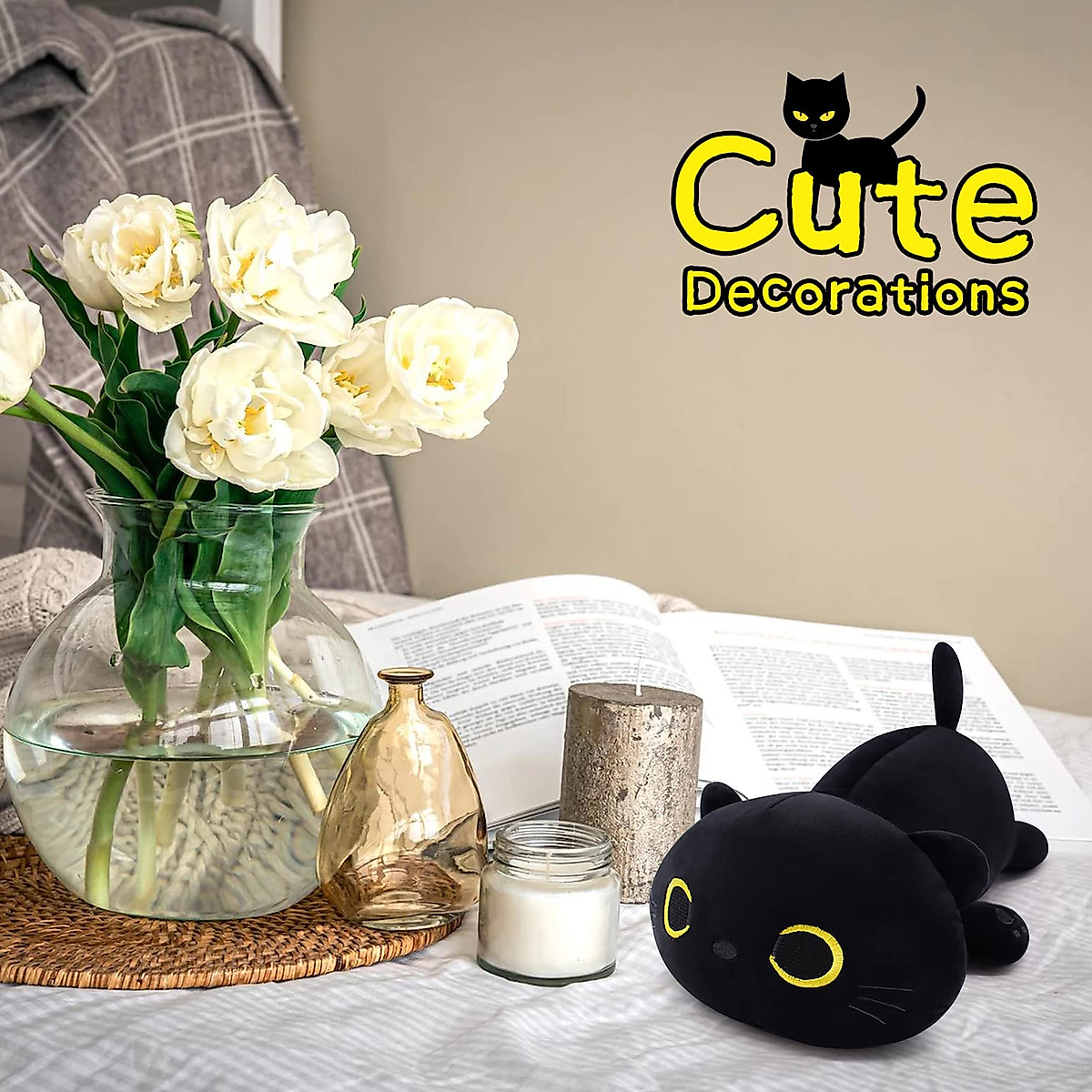 KOPHINYE Black Cat Plush Cat Stuffed Animal Toys, Cute Black Cat Plush Pillow Stuffed Cat Doll, 8inch Soft Black Cat Stuffed Animals Kawaii Home Decorations Birthday Gifts for Kids