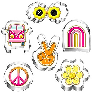 LUBTOSMN Large Groovy Cookie Cutter Set-6 Piece-VW Van, Peace Hand, Daisy, Floral Sunnies, Rainbow and Circle-Diswasher Safe-Cookie Cutters Shapes for Two Groovy One Birthday Party Decoratons