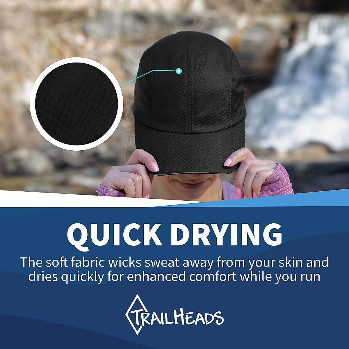 TrailHeads Women's Race Day Performance Running Cap, Lightweight & Quick Drying Mesh Sports Hat with Reflective Trim - Black