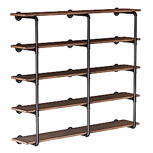 LBSLMJB Industrial Iron Pipe Shelving 5-Story Rustic Black DIY Open Pipe Shelves with Wood Planks Bookshelf, Wall Mount Hanging Steampunk Storage Office Room Kitchen Shelves