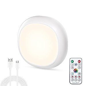 GANA Puck Lights with Remote, Wireless RGBW LED Under Cabinet Lights, 700mAh USB-C Rechargeable Battery Operated Tap Lights, Timed Off, 7 Colors & 3 Modes Dimmable for Closet Bedroom Stairs (1Pack)