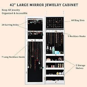 TOMENGBEIAABBCC SPPRANDOM HOMGX Mirrored Wall-Mounted Jewelry Cabinet, Lockable Door Mounted Jewelry Armoires, Full Length Dressing Mirror Jewelry Organizer with 5 Storage Shelves, White