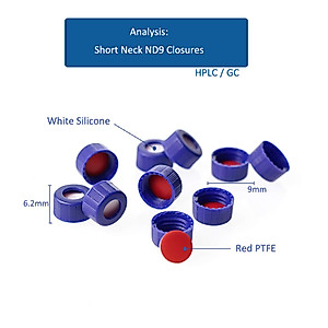 ALWSCI 2 ML 9 mm HPLC Vial，Clear Autosampler Vial, Borosilicate Sample Vial with Graduation, 9-425 Type Screw Threaded Vial, Blue Screw Cap with Hole, Red PTFE&White Silicone Septa, 100 of Pack