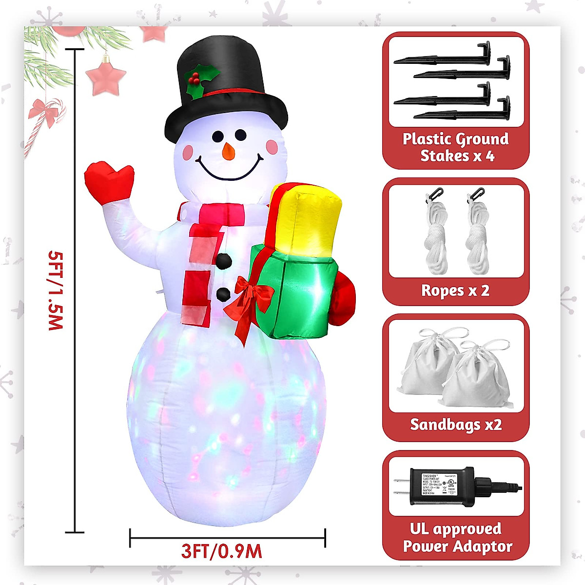 Christmas Inflatables Snowman Outdoor Yard Decorations, 5 FT Christmas Blow up Snowman with Black Top Hat, Built-in LED Lights for Xmas Home Garden Family Prop Lawn Holiday Party Indoor Decor