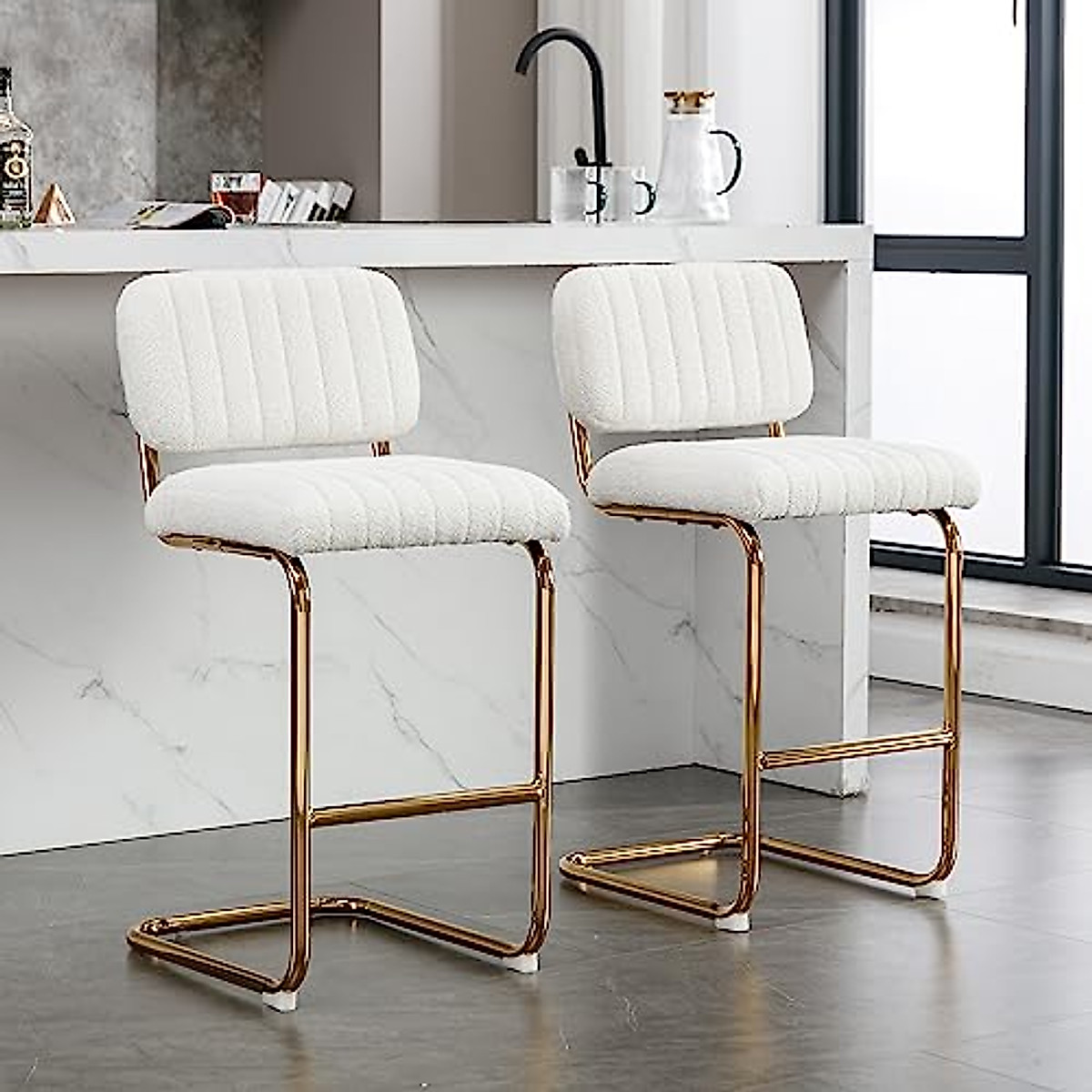 USIIN Mid-Century Modern Counter Height Bar Stools for Kitchen Set of 2, Armless Bar Chairs with Gold Metal Chrome Base for Dining Room, Upholstered Boucle Fabric Counter Stools,Ivory
