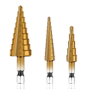 3Pcs HSS Titanium Coated Step Drill Bit Set, 1/4" Hex Shank Drive Quick Change High Speed Steel Cone Drill Bit for Sheet Metal Wood Plastic Hole Drilling Cutting (Metric 3-12mm/ 4-12mm/4-20mm)